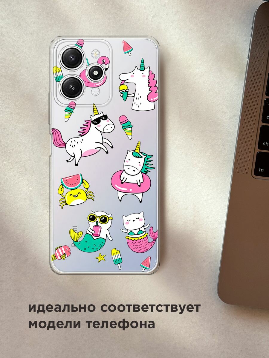 Чехол на Xiaomi Redmi 12 / Сяоми Редми 12 с принтом "Единороги в отпуске", прозрачный — фото 1