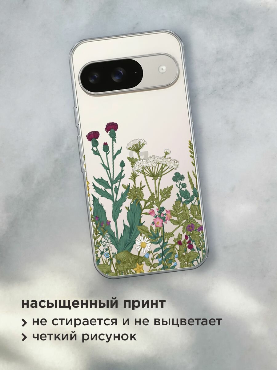 Чехол на Google Pixel 9 / Гугл Пиксель 9 с принтом "Дикие полевые цветы", прозрачный — фото 1