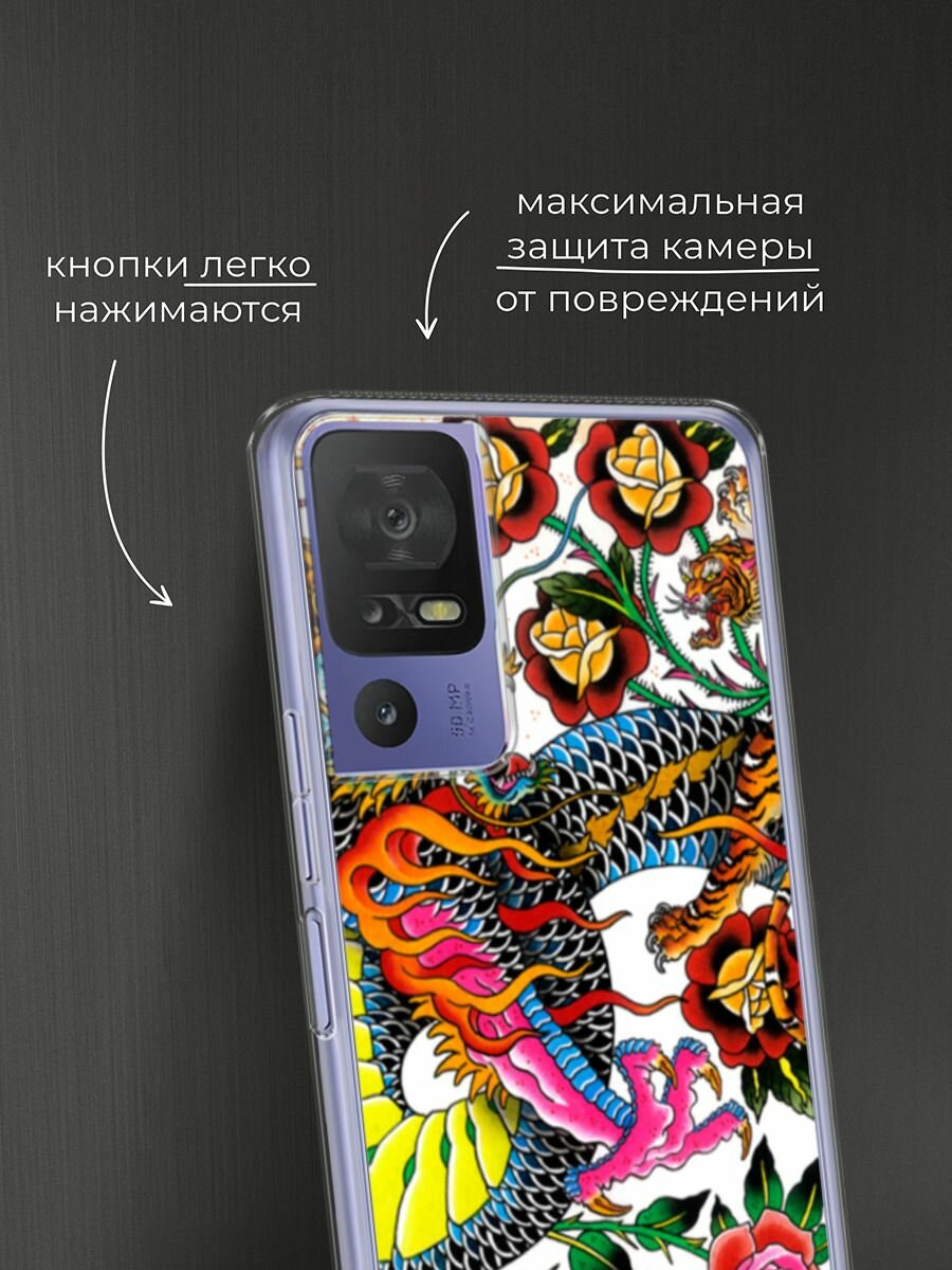 Силиконовый чехол на TCL 40 SE / ТСЛ 40 SE с принтом "Дракон в цветах" — фото 1