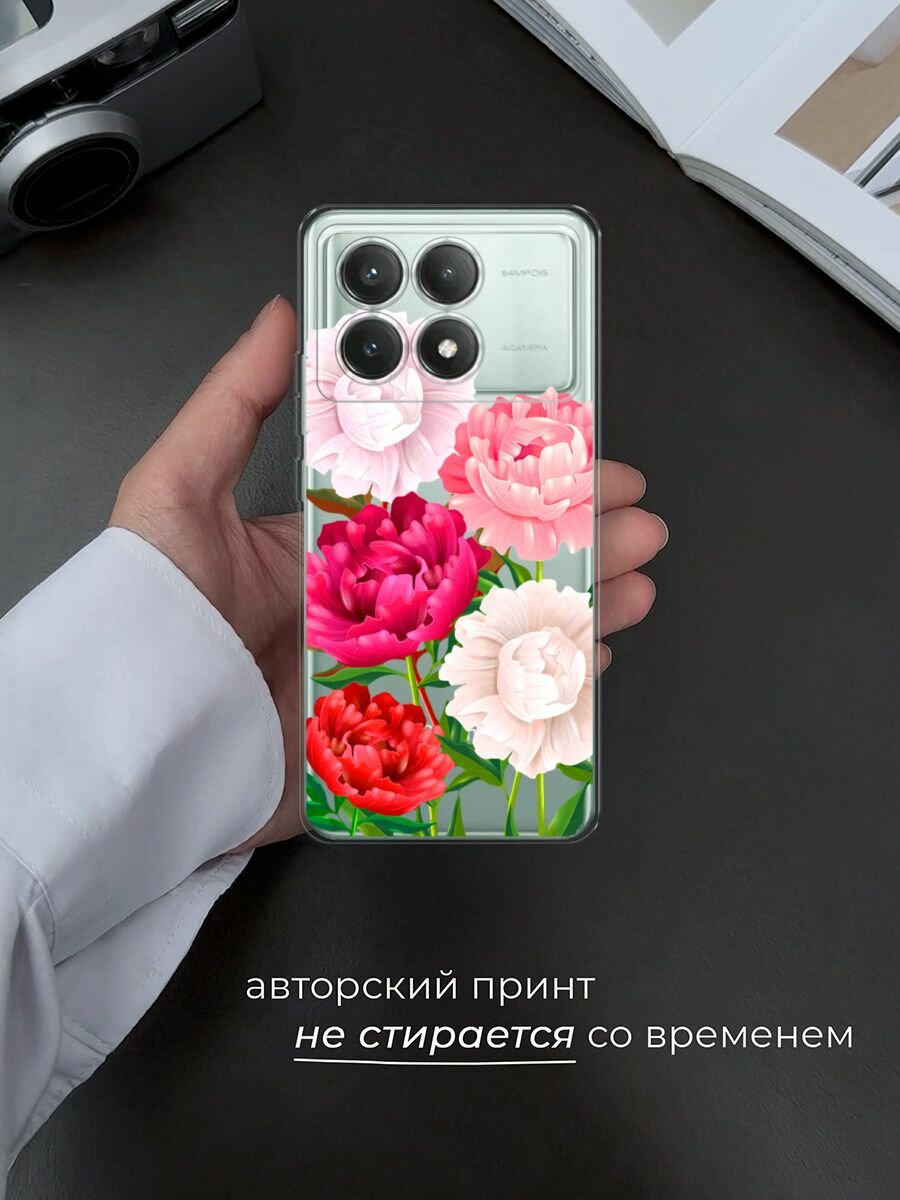 Чехол на Xiaomi Poco X6 PRO 5G / Поко X6 Про 5G с принтом "Большие пионы", прозрачный — фото 1