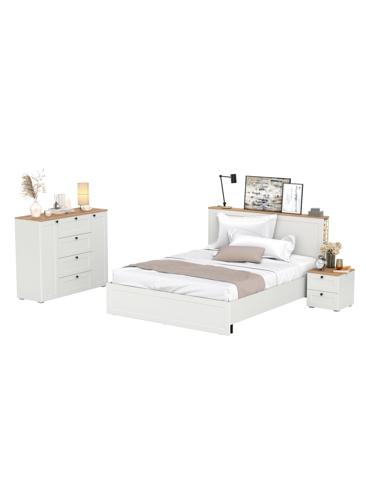 Кровать Остин 1600 с ортопедическим основанием с тумбой-комодом и тумбой прикроватной, белый шагрень/дуб крафт
