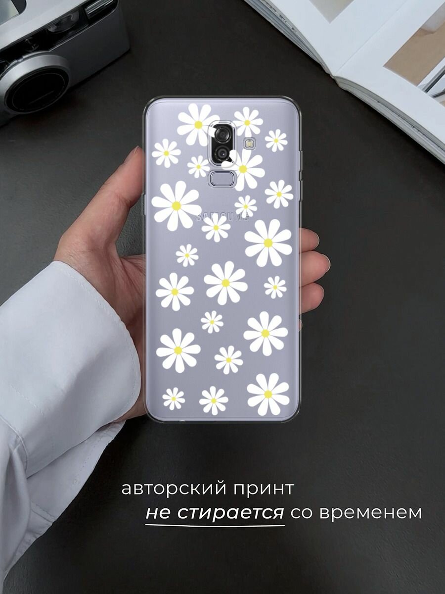 Чехол на Samsung Galaxy J8 / Самсунг Галакси Джей 8 с принтом "Большие ромашки", прозрачный — фото 1