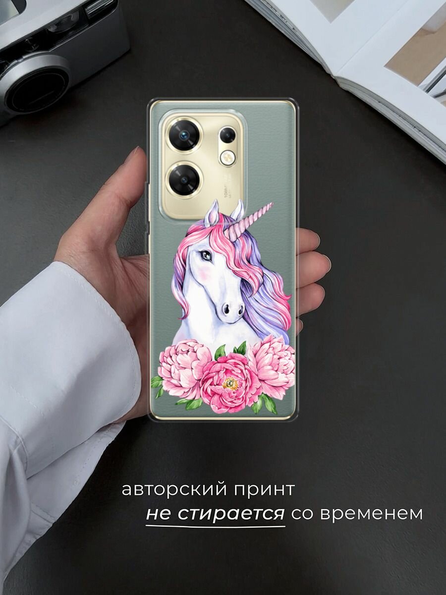 Чехол на Infinix Zero 30 4G / Инфиникс Зеро 30 4G с принтом "Единорог с пионами", прозрачный — фото 1