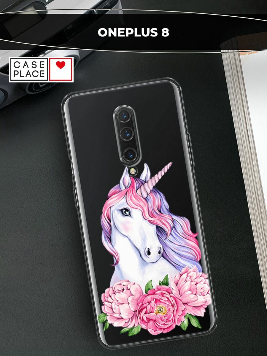 Чехол на OnePlus 8 / ВанПлас 8 с принтом "Единорог с пионами", прозрачный