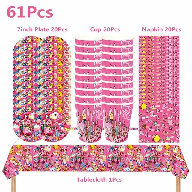 Украшения для дня рождения в стиле Розового Кирби, подарки для девочек, праздничные атрибуты с персонажами аниме, набор бумажных столовых приборов, тарелки, чашки, салфетки, игрушки.