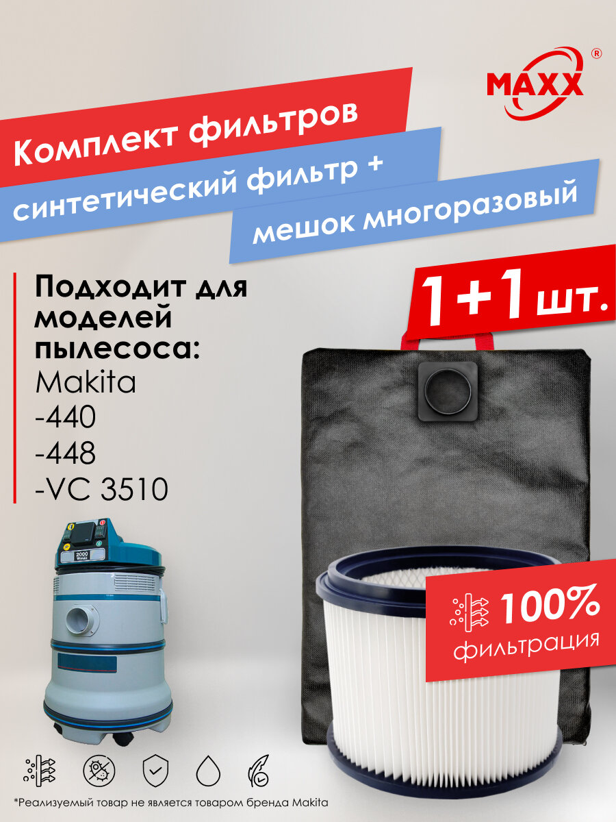 Мешок MAXX многоразовый, фильтр моющийся для пылесоса Makita 440, 448, VC 3510