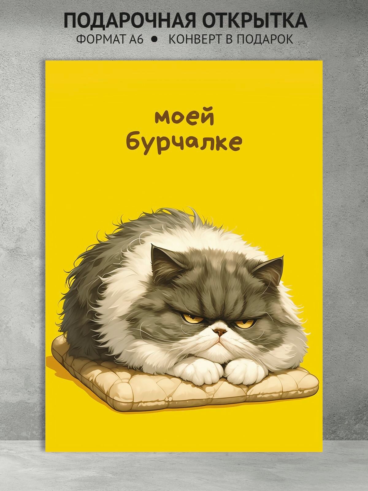 Подарочная открытка со смешной иллюстрацией персидского кота "Моей бурчалке" с днем рождения, с юбилеем, без повода