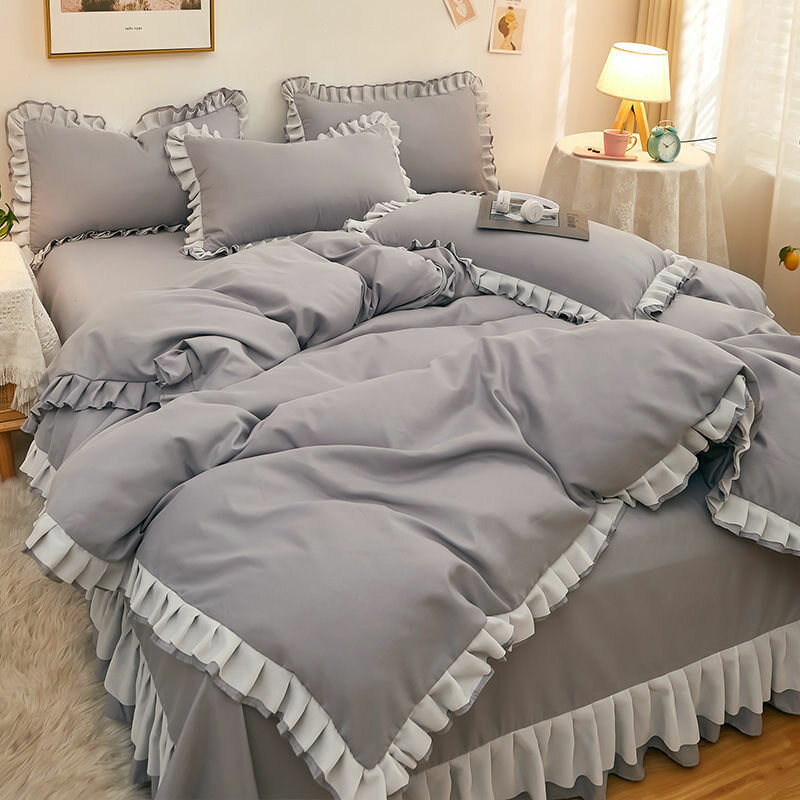 Комплект постельного белья из четырех частей в стиле принцессы, двухслойный однотонный пододеяльник с оборками в романтическом стиле, комплект постельного белья в корейском стиле,150*200cm