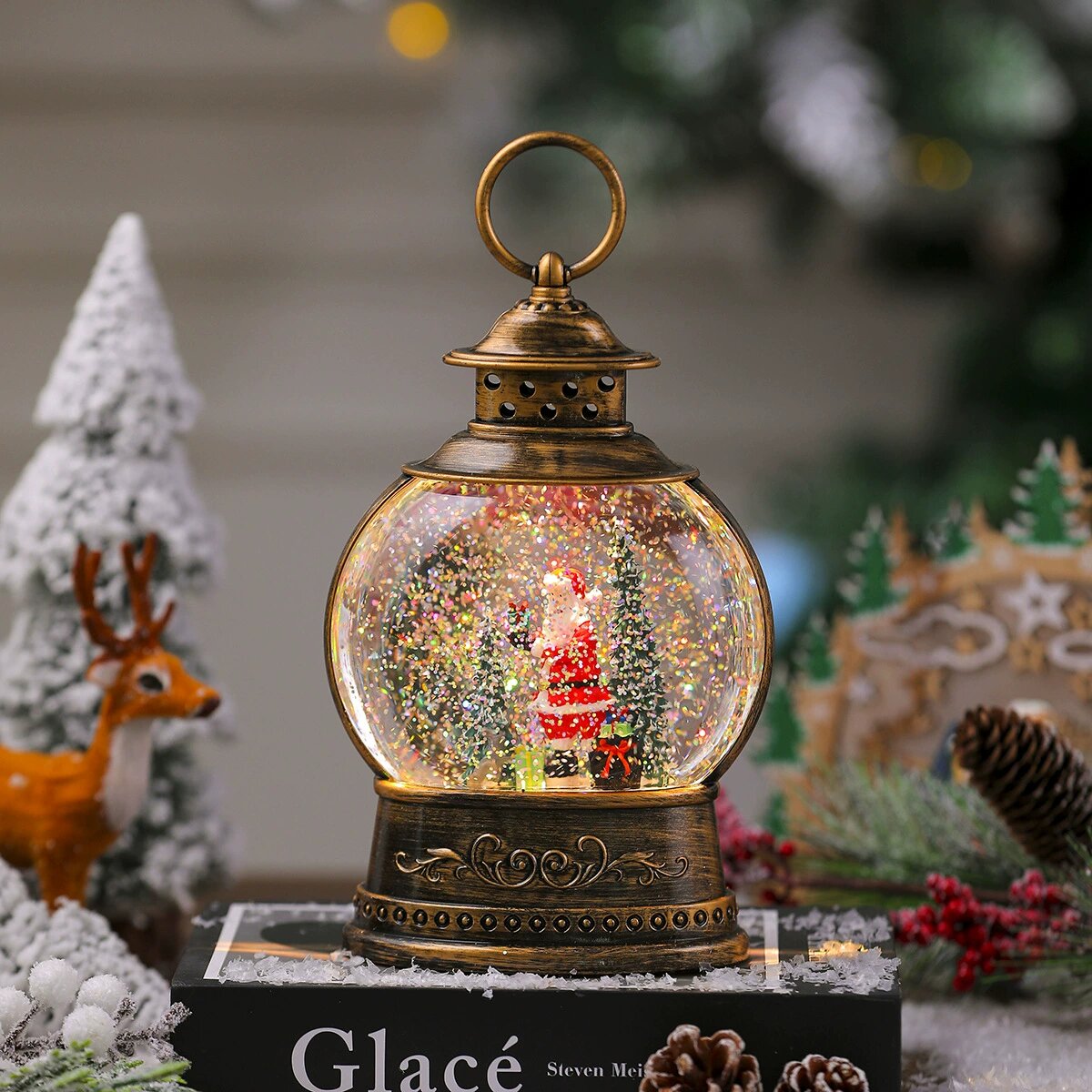 Новогодний фонарь со снегом и подсветкой музыкальный