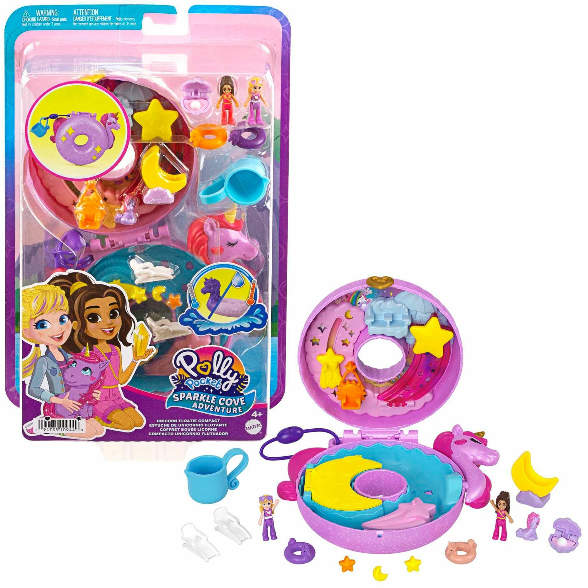 Polly Pocket, куклы и игровой набор, игрушки-единороги, Приключение в Спаркл-Коув, компактный плавучий единорог
