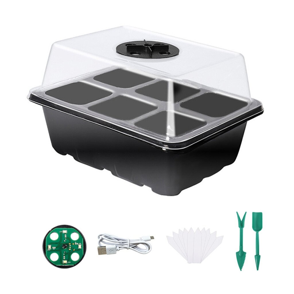 Коробка для рассады со светло-черной подсветкой на 6 отверстий + 1 комплект закваски для рассады + 10 белых коротких этикеток