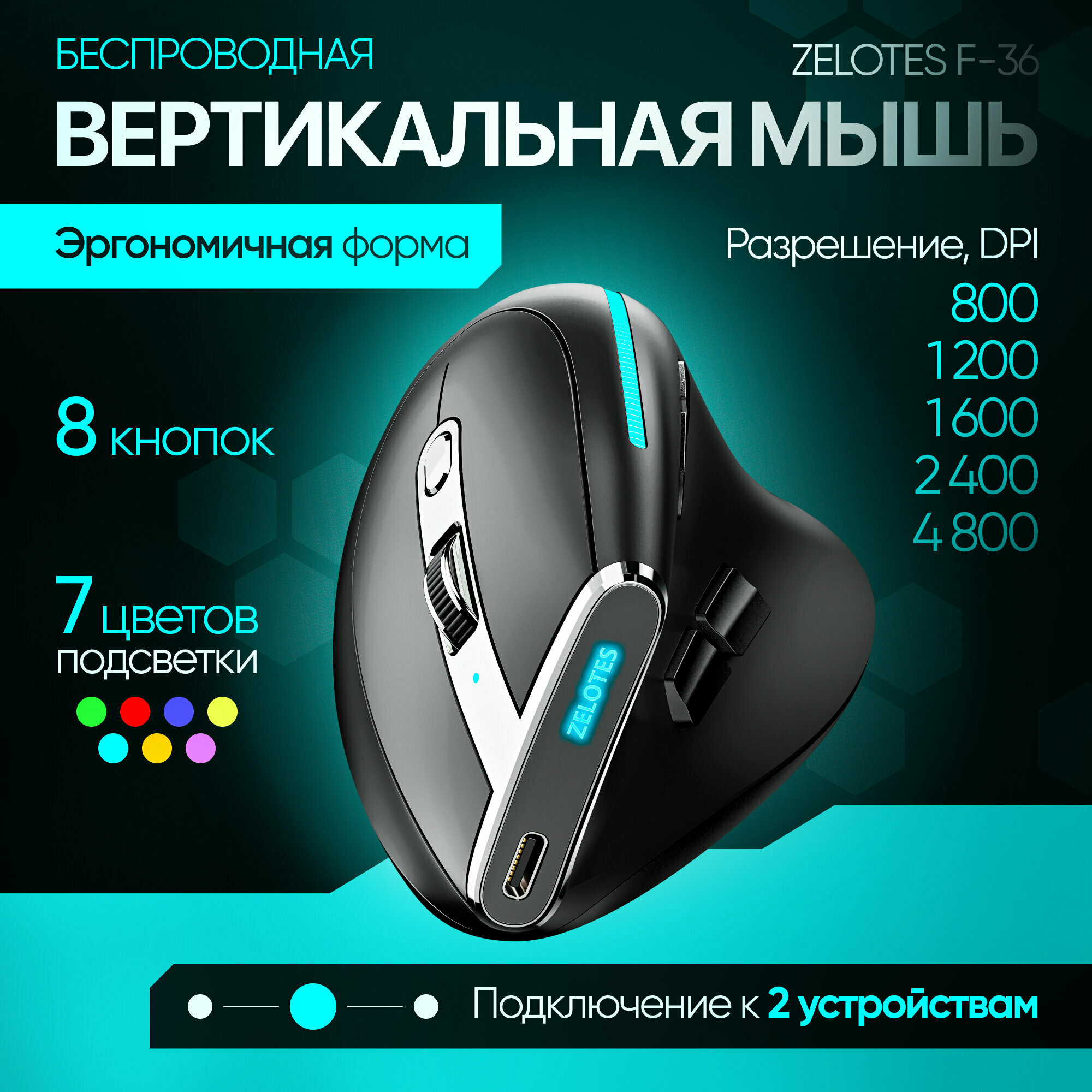 Мышь Innopax ZELOTES, F-36, беспроводная, RGB-подсветка, эргономичная, для правши