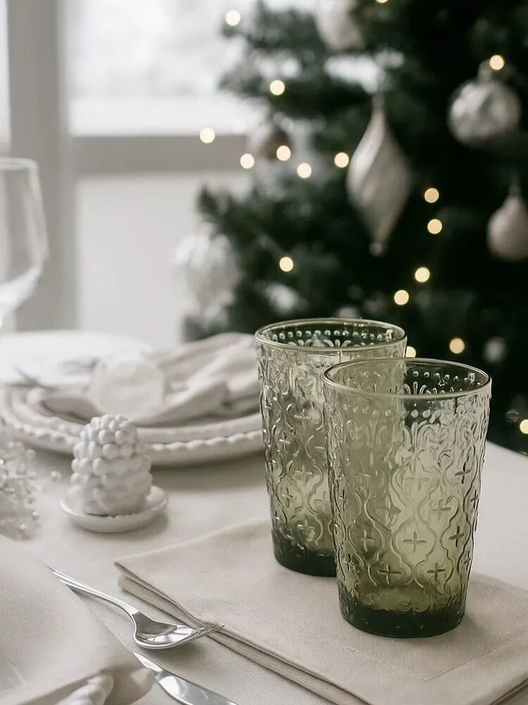 Стаканы подарочный набор цветные, высокие, зеленые 2 шт, 380 мл, с рисунком. Упрочненное цветное стекло.