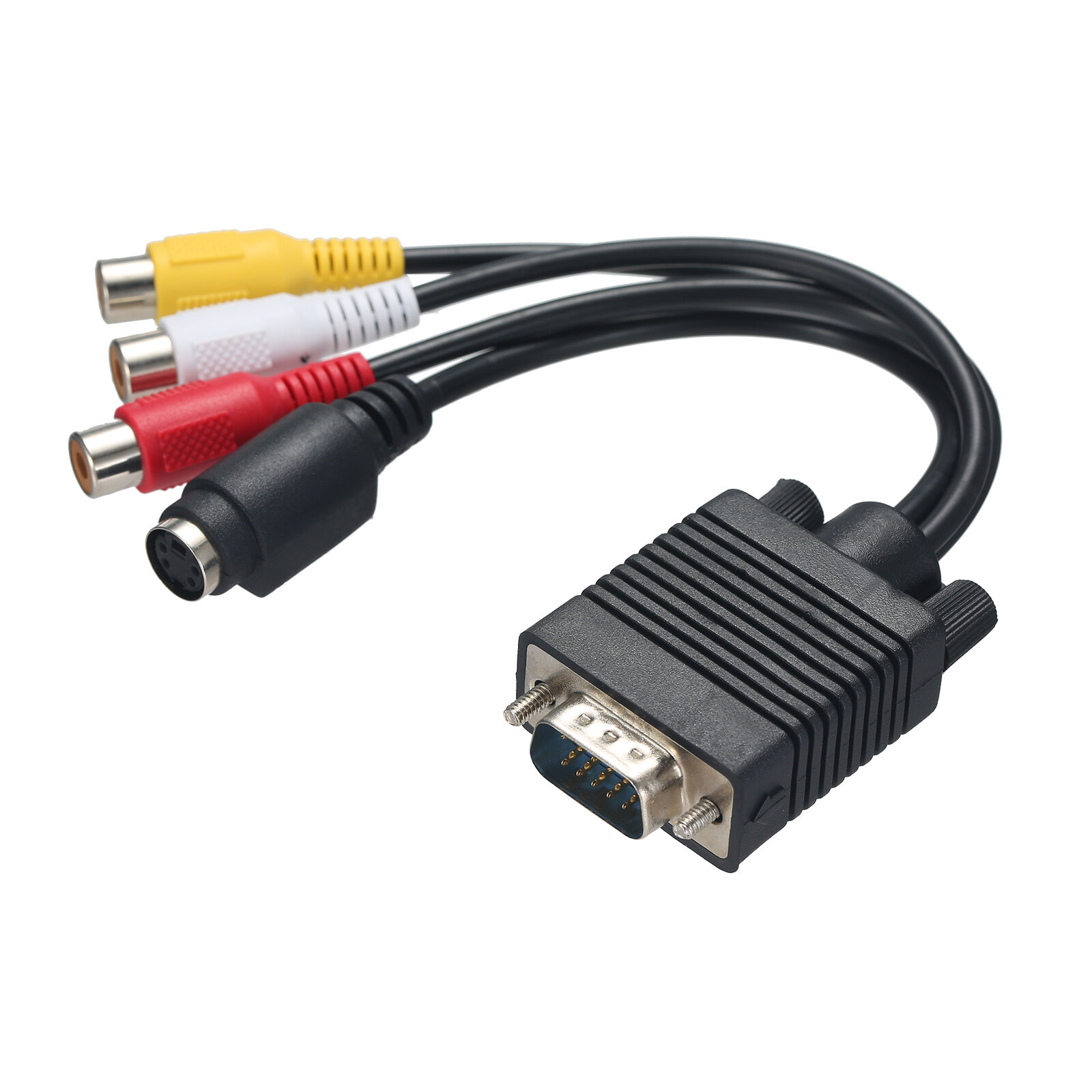 Адаптер кабель VGA to S-VIDEO 3 RCA TV AV, черный, длина 20cm, материал медь + ПВХ, 15-контактный разъем VGA, 4-контактный разъем S-Video, 3 разъемы RCA женские, вес 63g