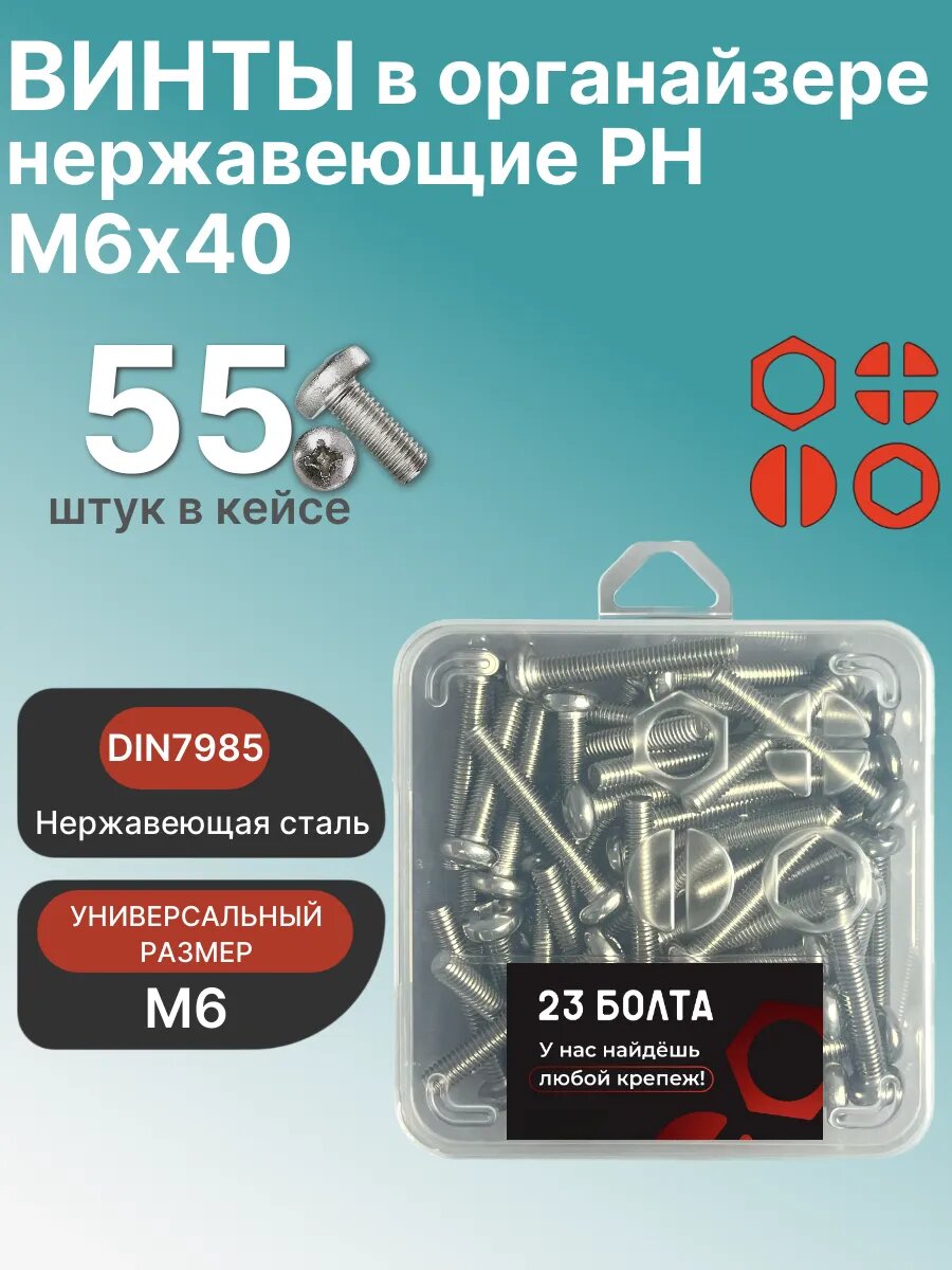 Винт нержавеющий 6х40 мм DIN7985 в органайзере, 55 шт.