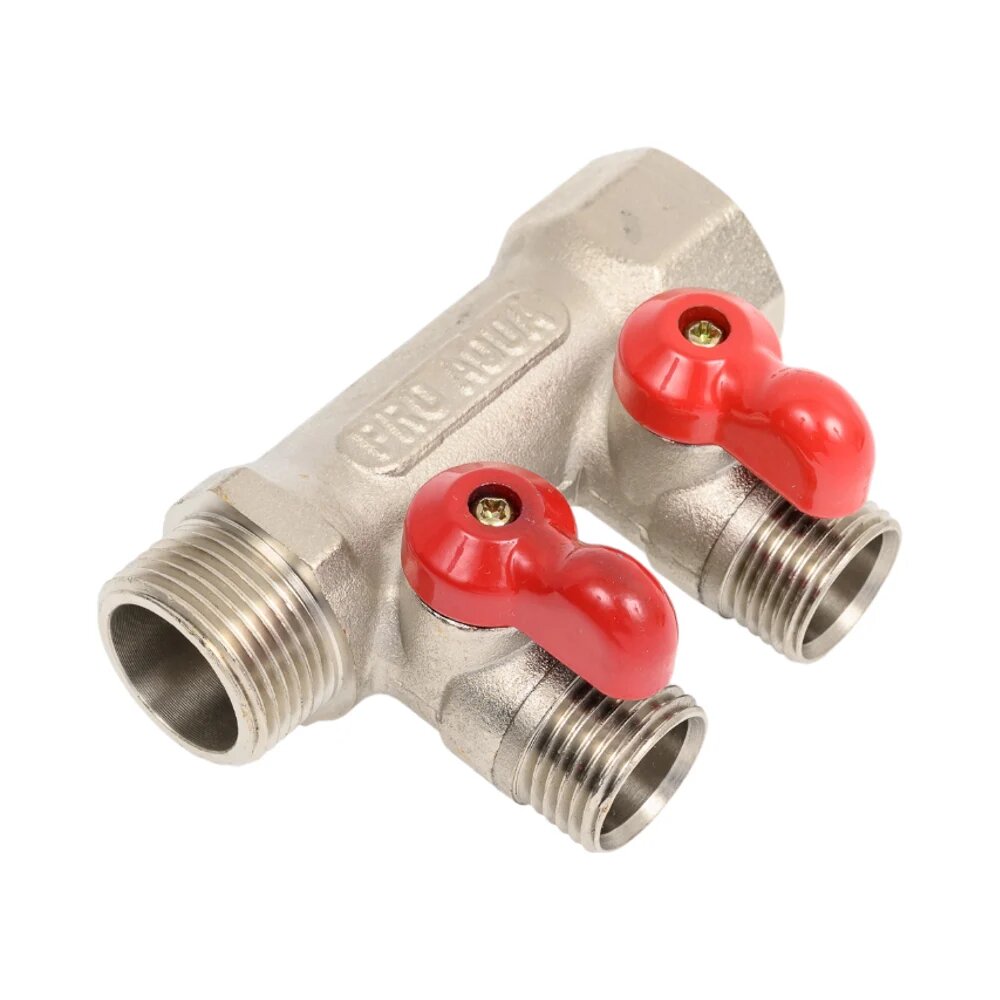 Коллектор с отсекающими кранами (плоскость) PRO AQUA 3/4, 2 х 1/2 V100.02-m20-f20, из него