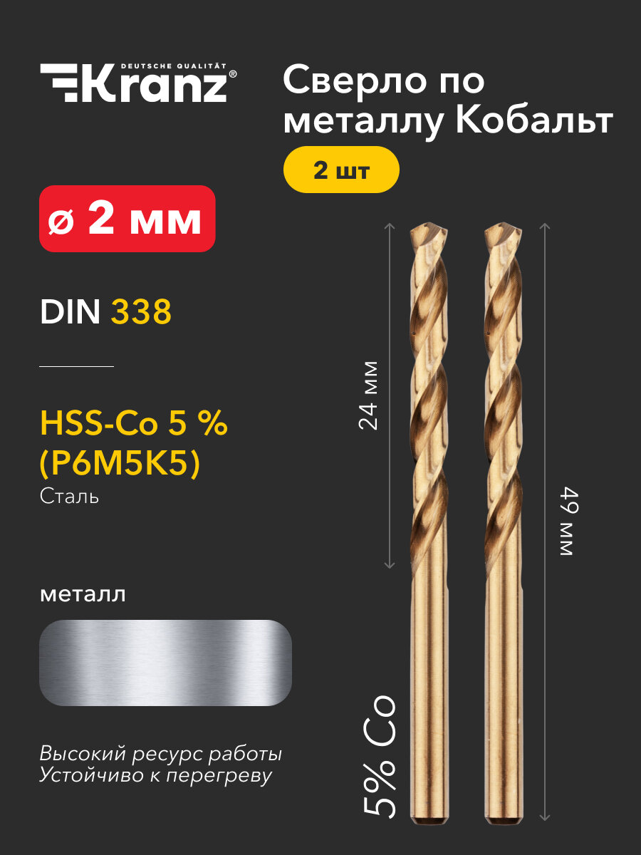 Сверло по металлу KRANZ 2 мм, с добавлением кобальта повышенной прочности, стандарт качества DIN 338