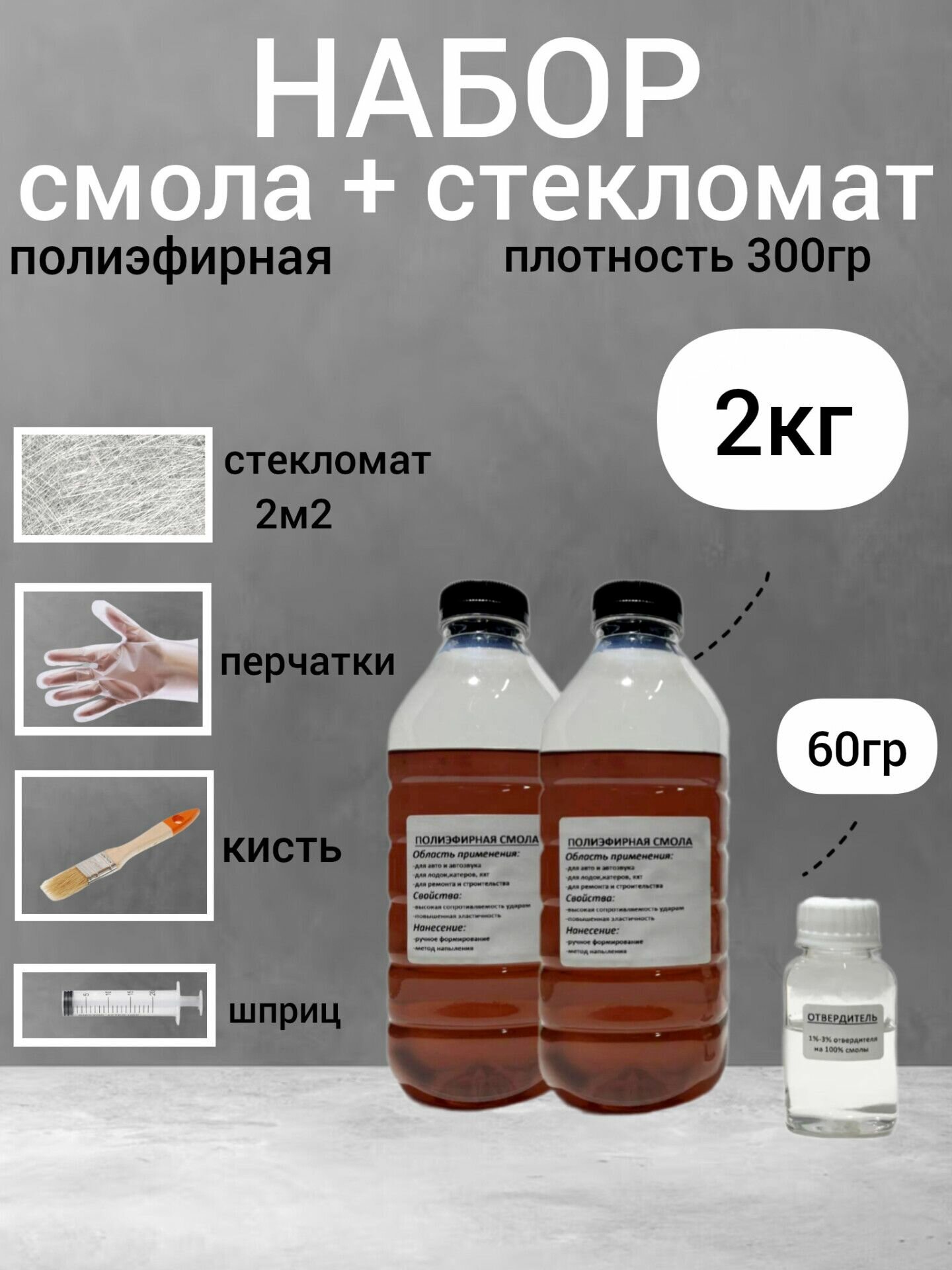 Смола полиэфирная 2кг + стекломат 2м2, набор для ремонта