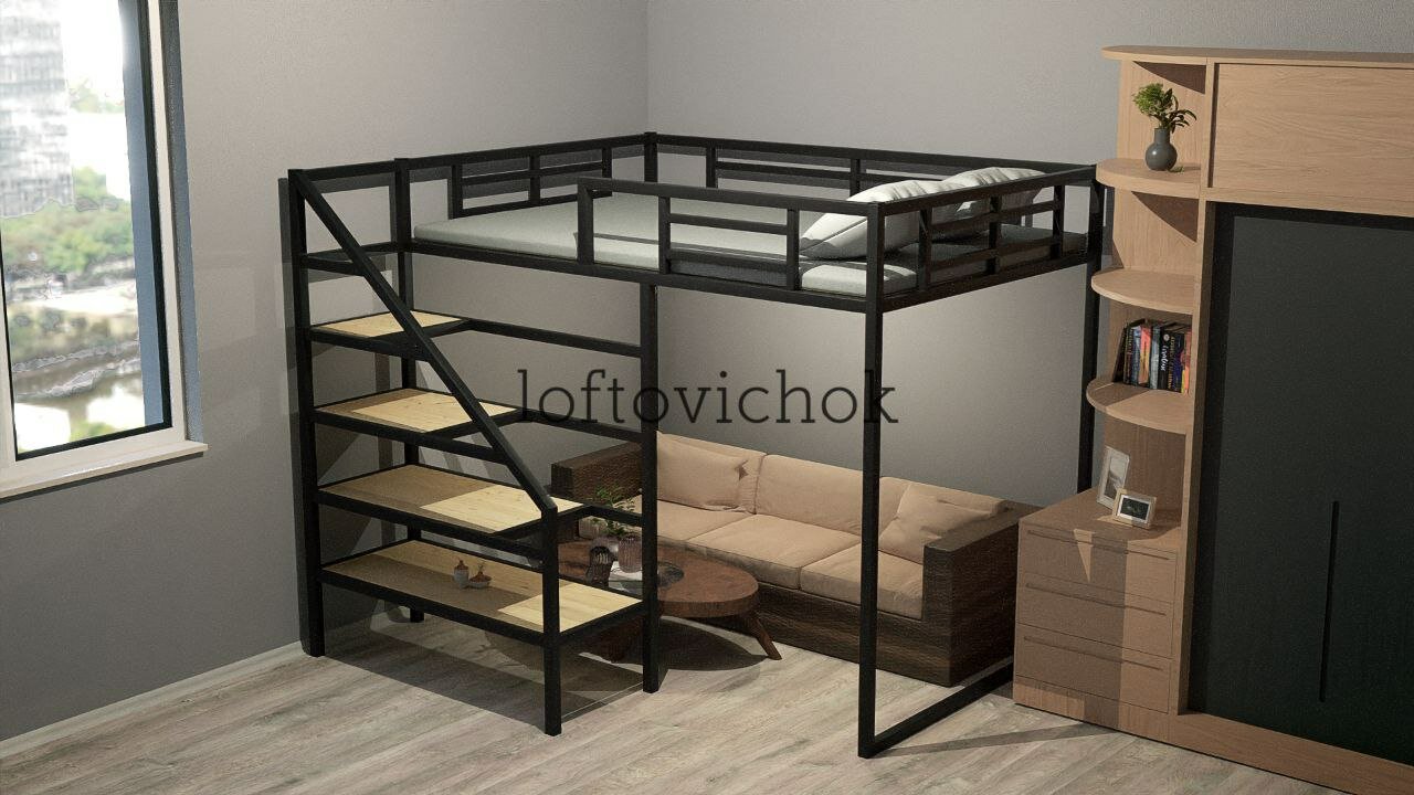 Кровать-чердак "Marta",120х200х190 см, металлическая, черная, лофт