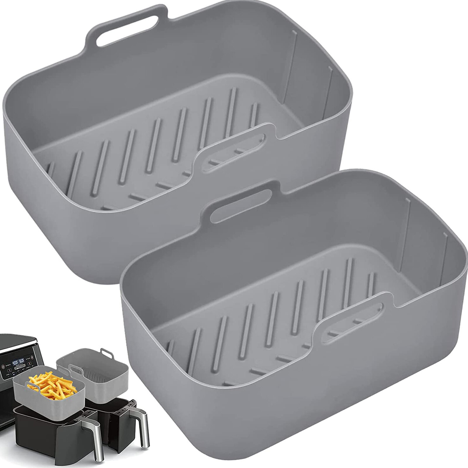 2 Pack Коврики из силикона для фритюрницы, многоразовые прямоугольные подставки из пищевого силикона для фритюрницы Ninja DZ201 DZ401 Instant Vortex 8 QT 10 QT, размер 19.5x12.5x9cm, цвета синий/красный/серый, безопасные для посудомоечной машины