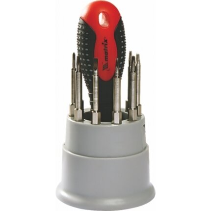 Набор отверток MATRIX Fusion для точных работ с насадками, 3-х комп. рукоятка, 11 шт, пласт. пенал