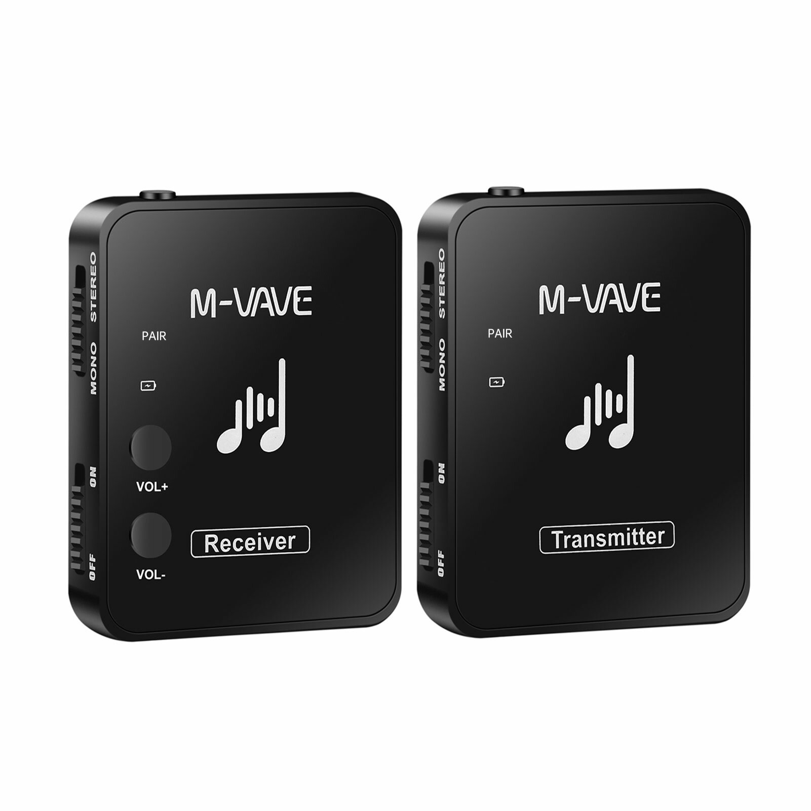 M-VAVE WP-10 Система передачи беспроводных наушников мониторов 2.4GHz с подзарядным передатчиком и приемником, 1 передатчик, 1 приемник, 1 кабель для зарядки, 2 аудиокабеля, 1 руководство (английский), материал ABS, частота 20-20KHz, вес 100г, размер