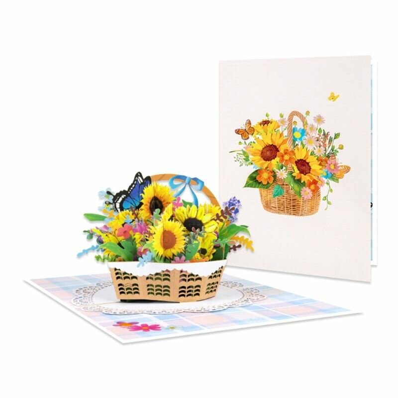 Цветочная корзина 3D трехмерная поздравительная открытка-Sunflower flower basket B