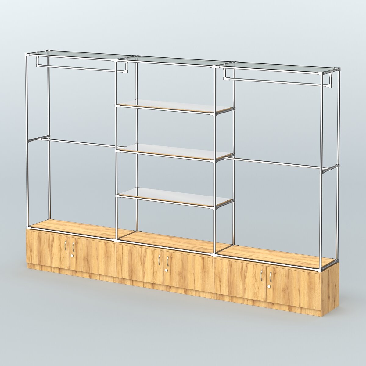 Торговая система хром без ДСП 3600 мм с тумбами Т21, зеркальными полками и поручнями №2, Дуб Золотистый