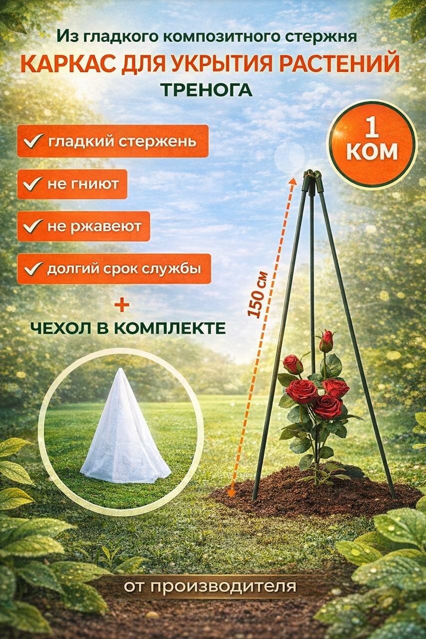 Каркас-тренога для укрытия растений с чехлом, 150 см (комплект) Композитные прутья, готовое решение для растений.