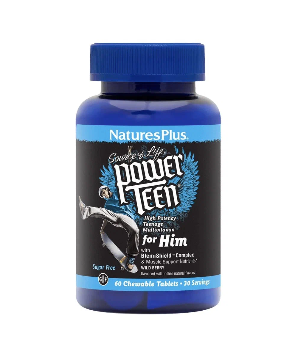Natures Plus Power Teen for His, Комплекс Мультивитаминов для подростков, 60 жевательных таблеток со вкусом лесных ягод