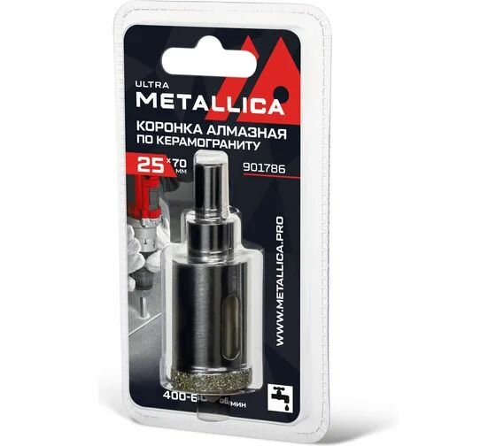 Коронка алмазная 25x70 мм, #46, со сверлом, по керамограниту, плитке, в блистере METALLICA Ultra