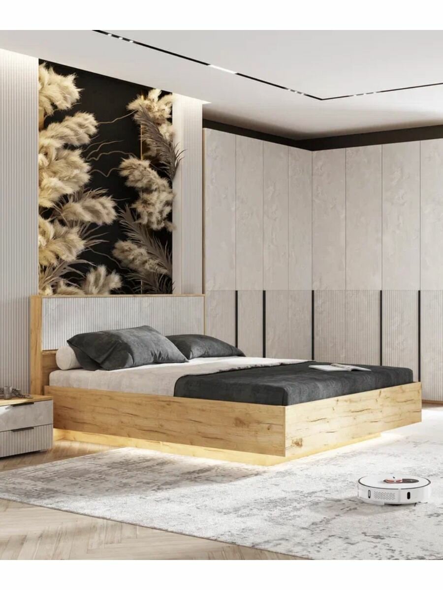 Кровать двуспальная парящая Марвэл 1.6 Дуб крафт/Мальта/Дуб крафт, ортопедическое основание, подсветка, МИФ