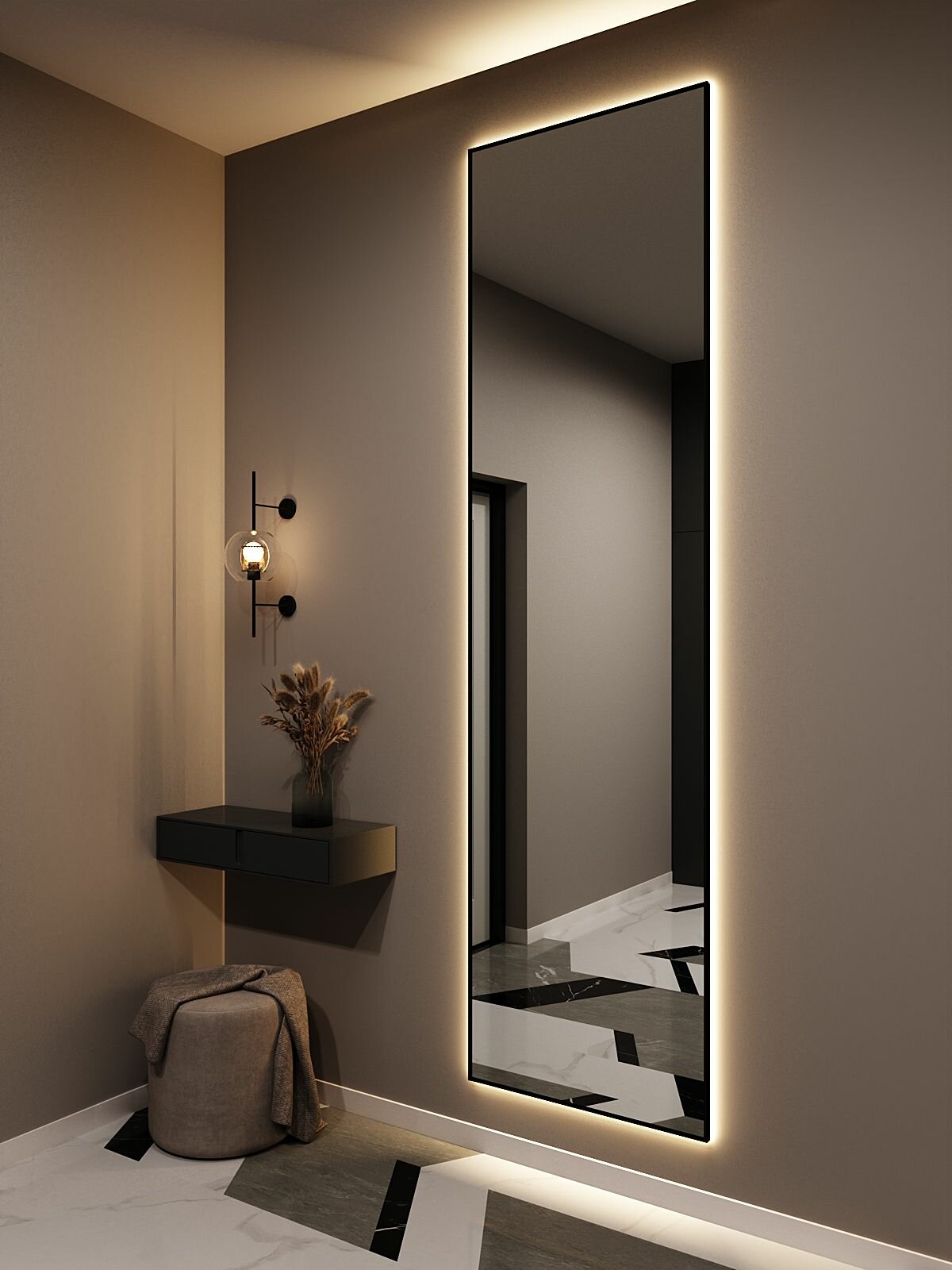 Зеркало настенное 240х70 см. черное с подсветкой. Свет: Теплый белый 3000К. В алюминиевой раме интерьерное BLX MIRROR