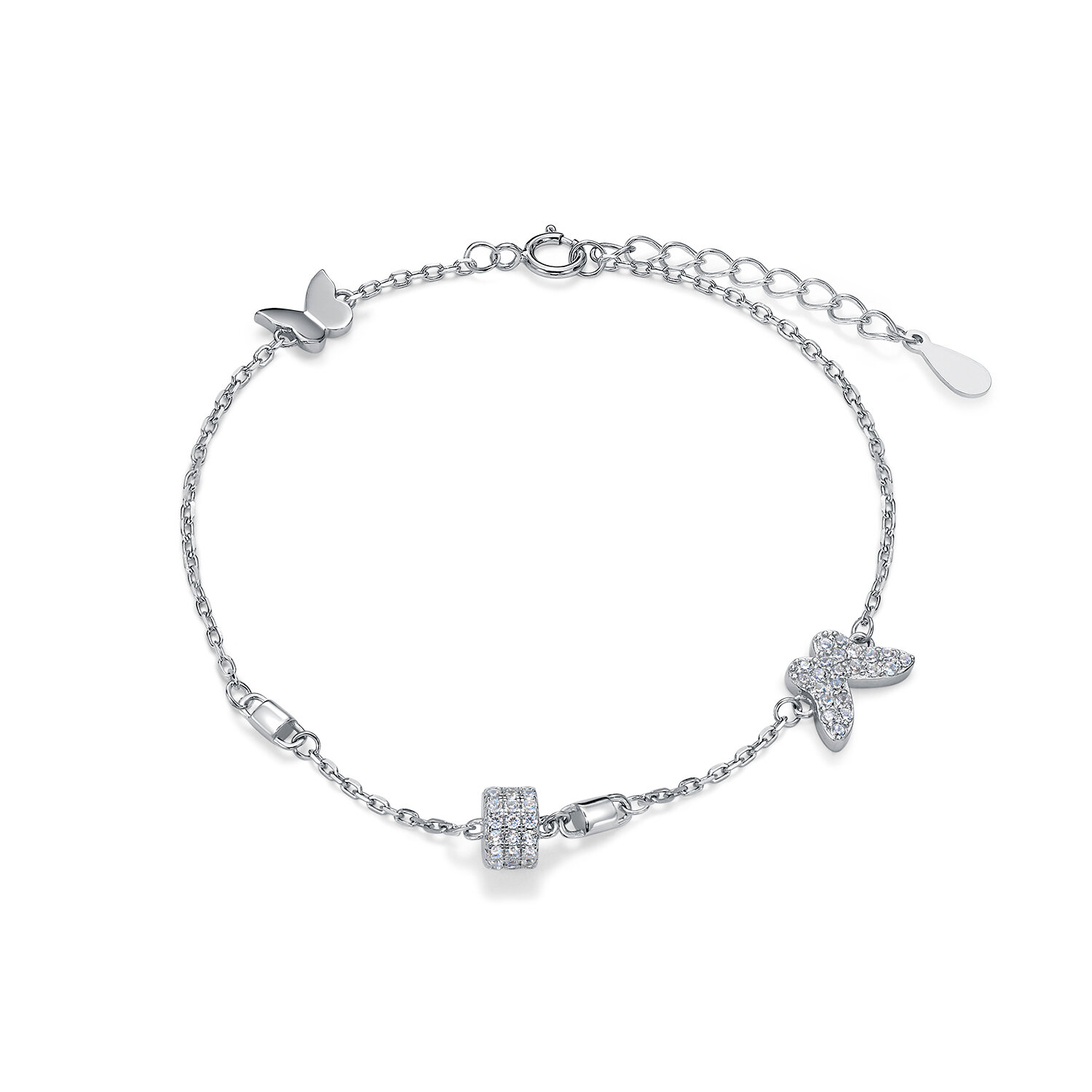 Браслет-цепочка, серебро, 925 проба, родирование, фианит