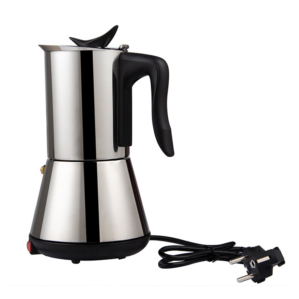 Электрический кофеварка для эспрессо/мока из нержавеющей стали, емкость 4-6 чашек, вес 1300 г, размер 30*17*17 см, напряжение 220-240В, мощность 480W-570W, частота 50Гц, в комплект входят кофеварка, база для зарядки, инструкция