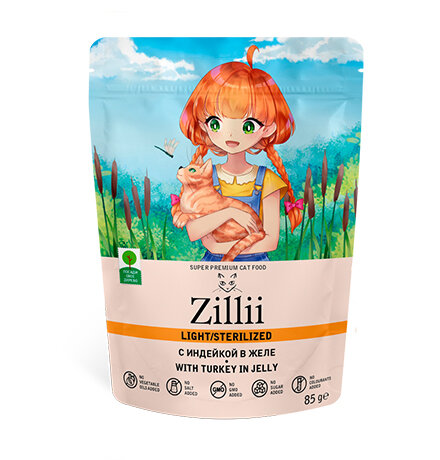 В желе паучи зилли для взрослых стерилизованных кошек индейка (цена за упаковку) 85г х 12шт
