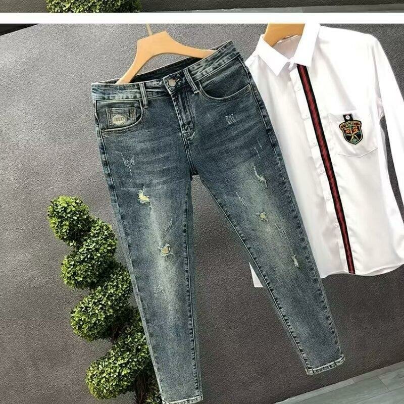 Тренд RONG CH Мужские Джинсы Слим Кроп Потертые Весна Эластичные Деним, Размер_33