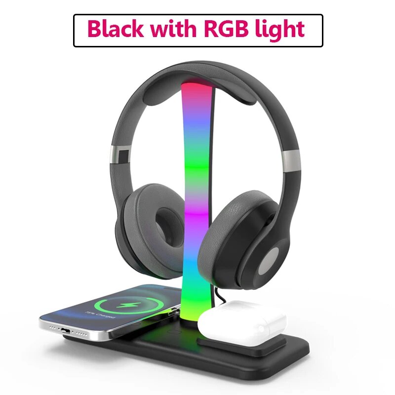 Подставка для наушников JINSERTA 3в1, черная с RGB подсветкой