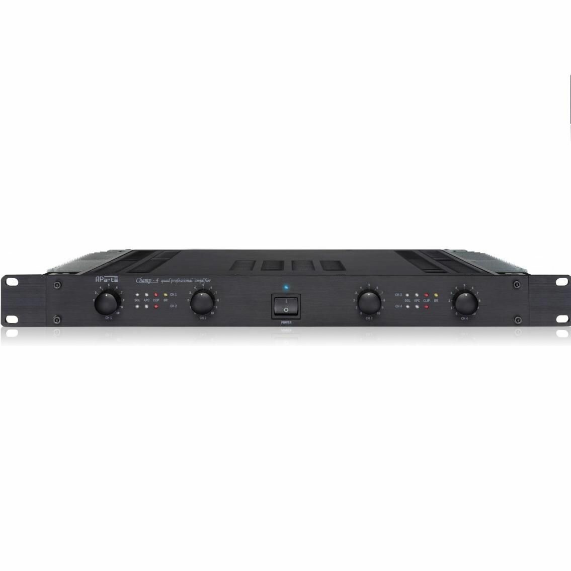 Усилитель Biamp [CHAMP-4] (APART) 4-канальный (APC protection): 4 х 125Вт / 4Ом; 4 х 75Вт / 8Ом. Bridge: 2 х 230Вт/ 8Ом. Вх: 4 x 2RCA. Вых: 4 x banana. 1U.
