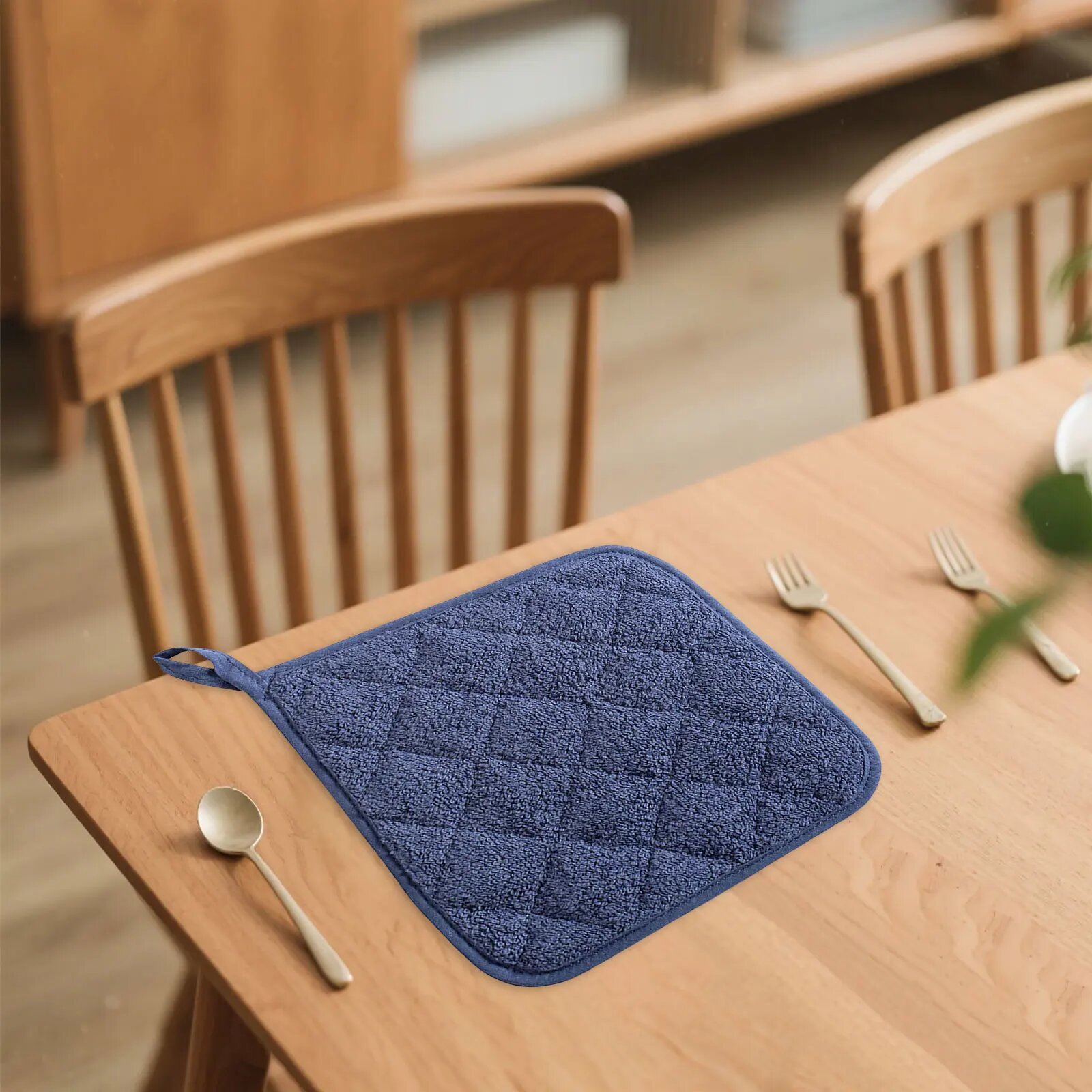 Клетчатый хлопковый термостойкий коврик для стола Темно-синий, A