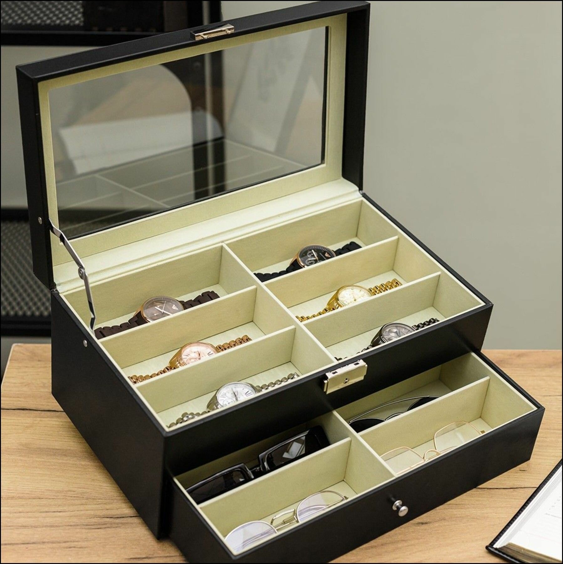 Большая черная шкатулка премиум для хранения часов, очков, ремней и украшений Rongsheng