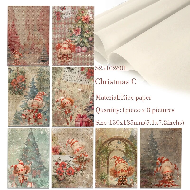 Рисовая бумага для скрапбукинга WuleeGifts Рождество 8 шт.