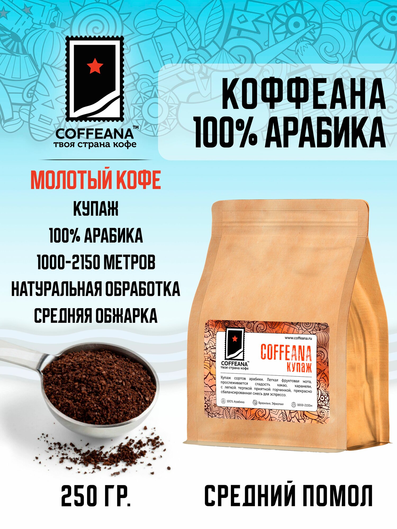 Свежеобжаренный кофе молотый COFFEANA коффеана (купаж 100% арабика) - средний, универсальный помол (кофемашина, гейзер, фильтр, френч-пресс) 250 г