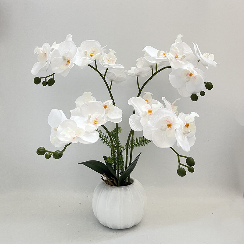 Искусственное цветочное растение фаленопсис в горшке, 24 цветка, декор для дома и офиса, настольное украшение, искусственное зеленое растение