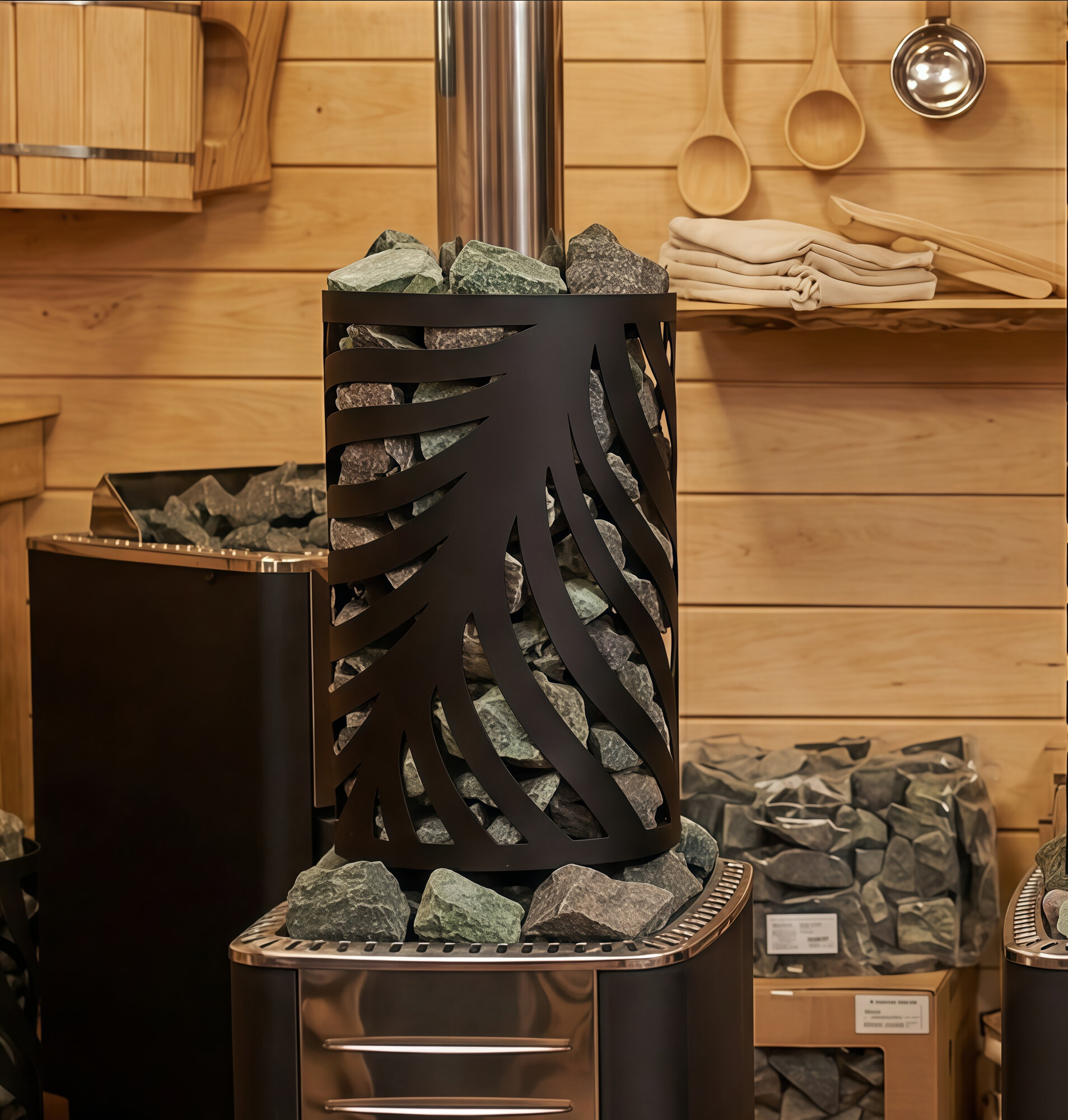 Сетка для камней в баню на трубу L750 "Пальма" D310 из стали 1.2 мм. Сетка каменка на трубу в баню разборная