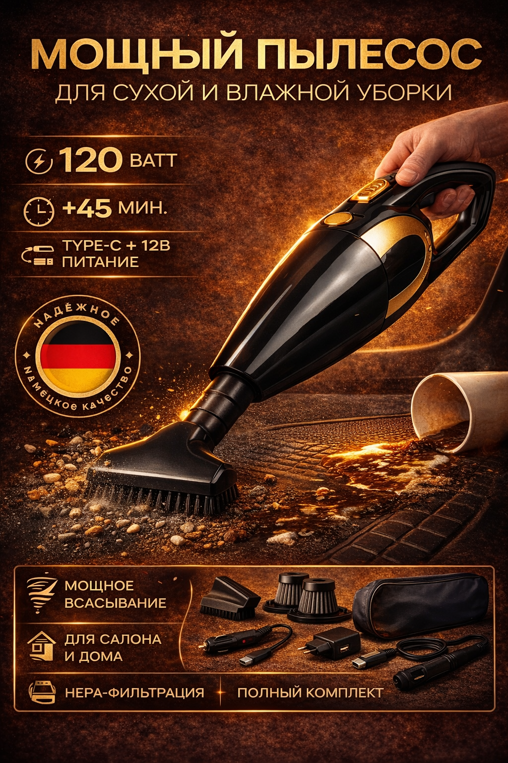 Пылесос ручной WJB для дома и авто, многофункциональный, беспроводной, 2в1, сухая уборка, чёрно-золотой