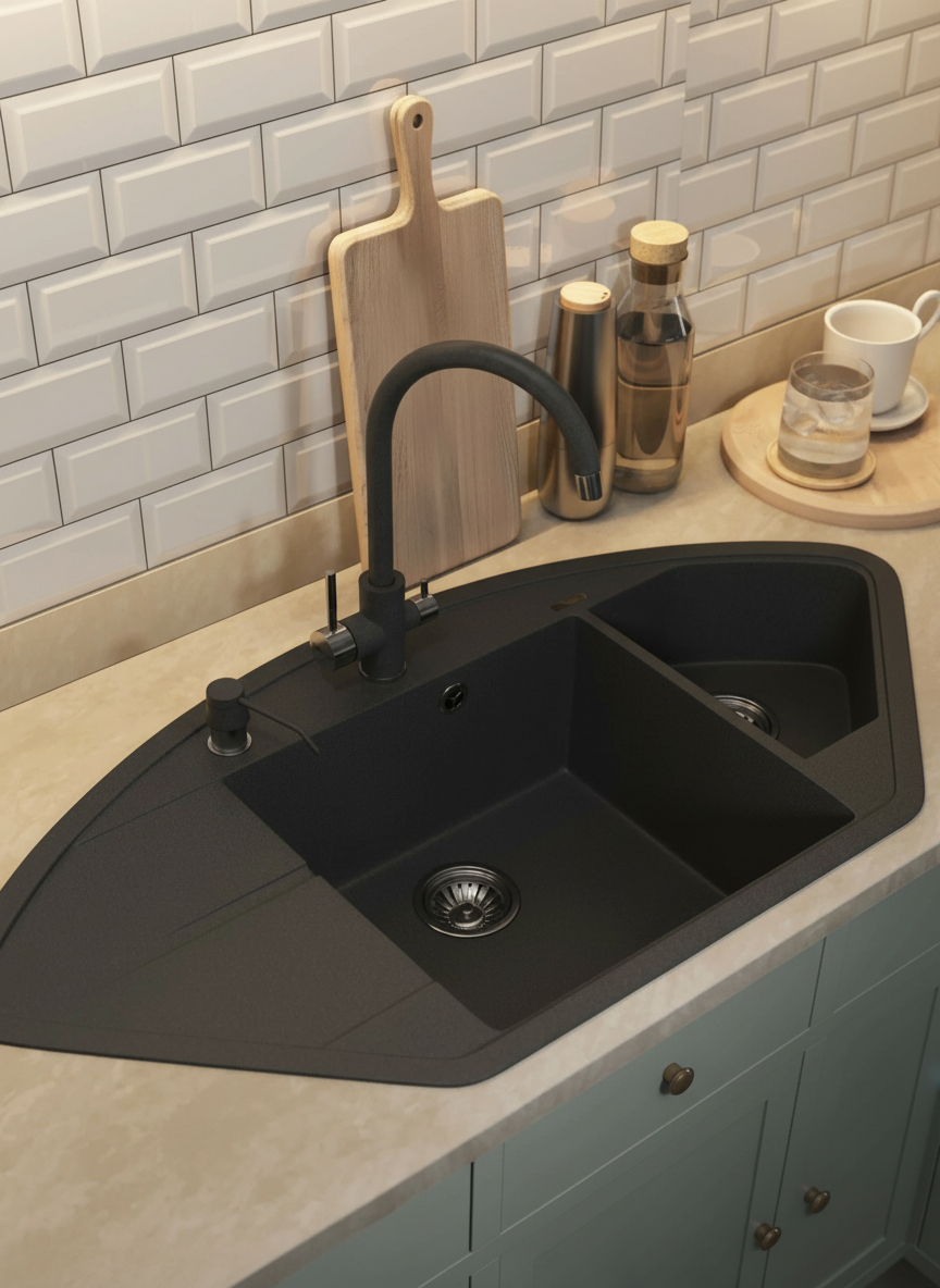 Кухонная мойка кварцевая Uperwood Quartz UPD-06-04, угловая двухсекционная, черная