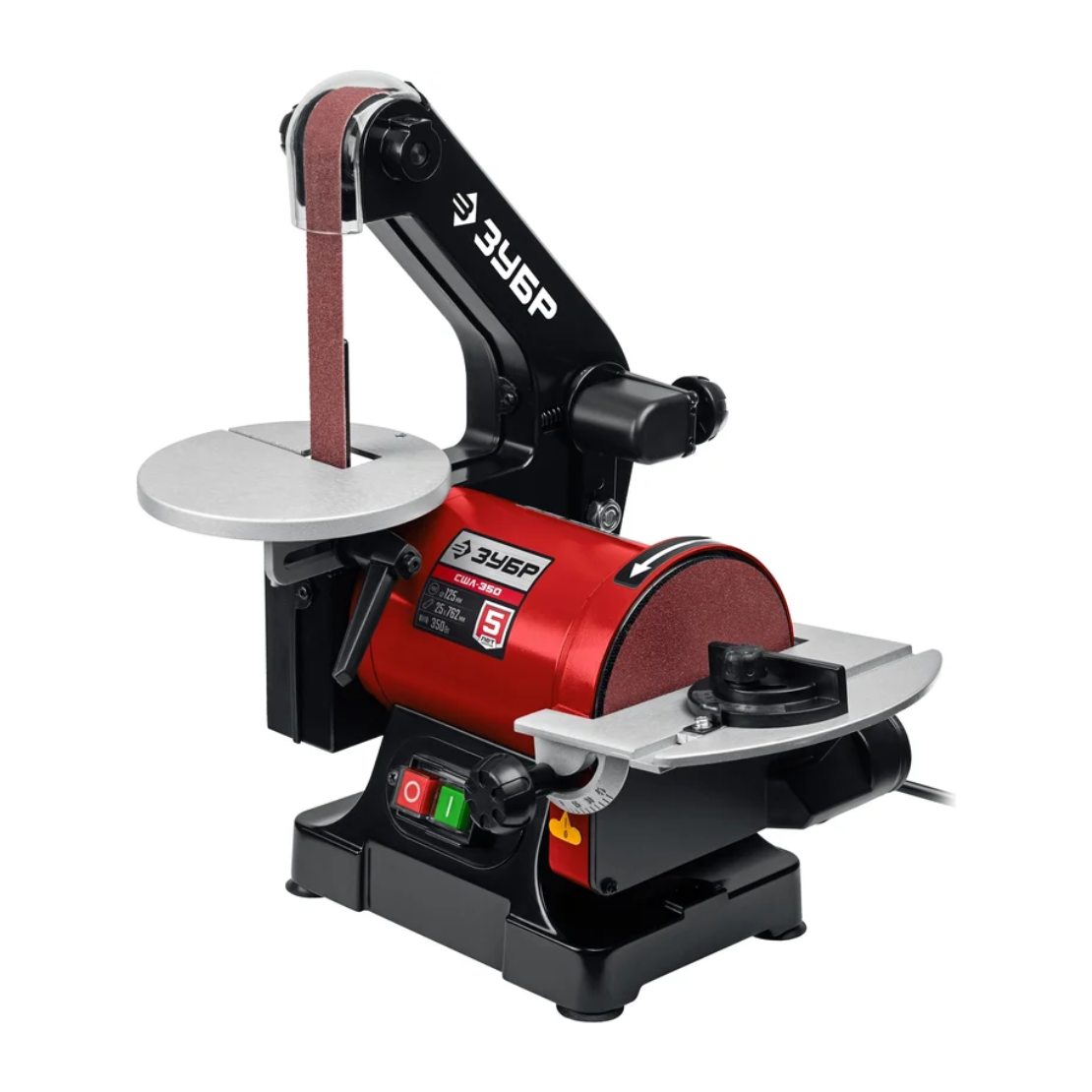 Станок шлифовальный ЗУБР СШЛ-350, 350 Вт, 2980 об/мин, движение ленты 840 м/мин, красный
