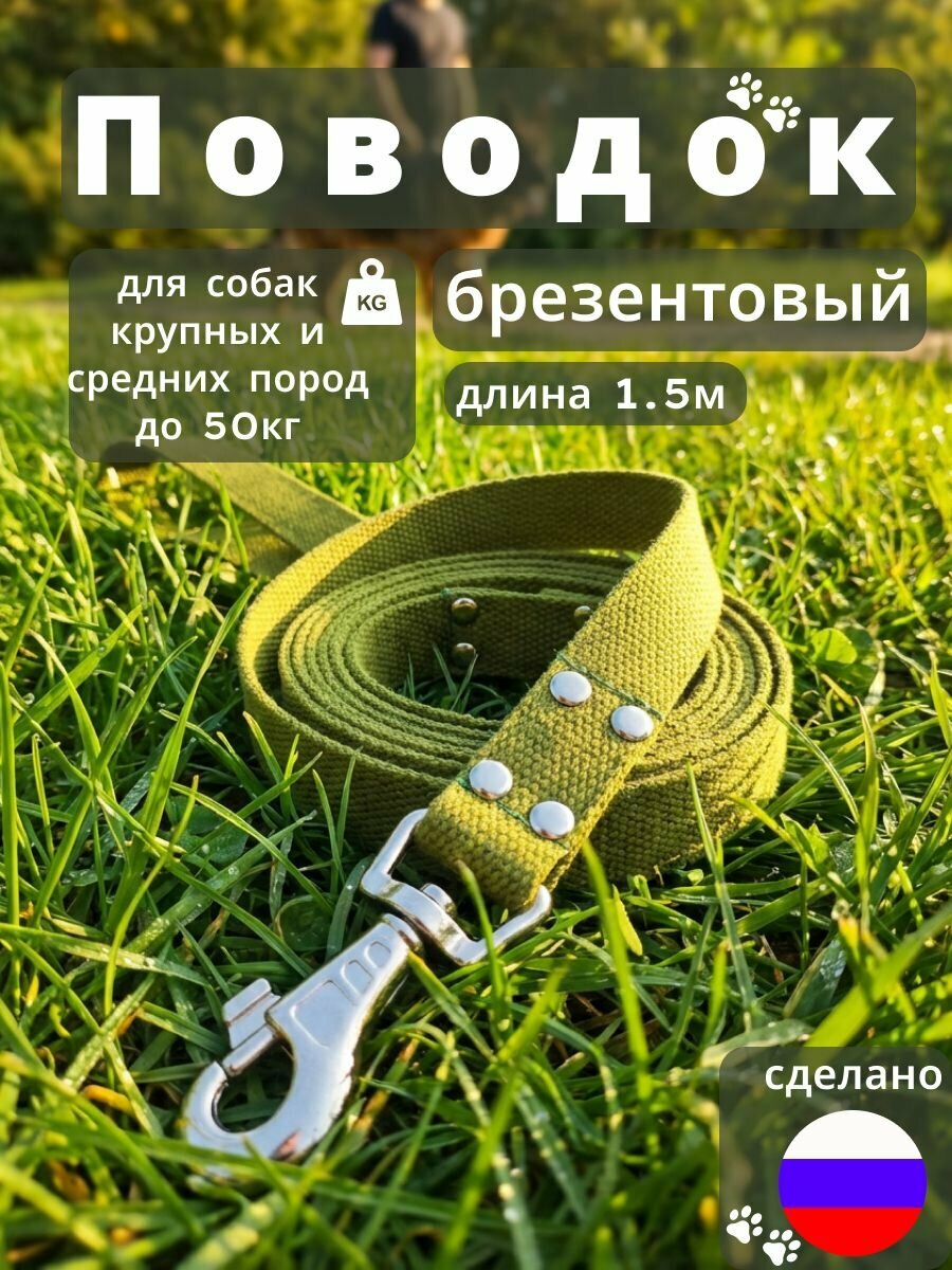 Поводок брезентовый 1.5 м, ширина 20 см, до 50 кг, металлический карабин 360, для средних и крупных собак