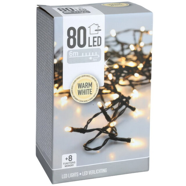 Светодиодная гирлянда Koopman Comfort 6 м, 80 теплых белых LED ламп, зеленый ПВХ, контроллер, таймер, IP44, Koopman (Купман), AX8451110
